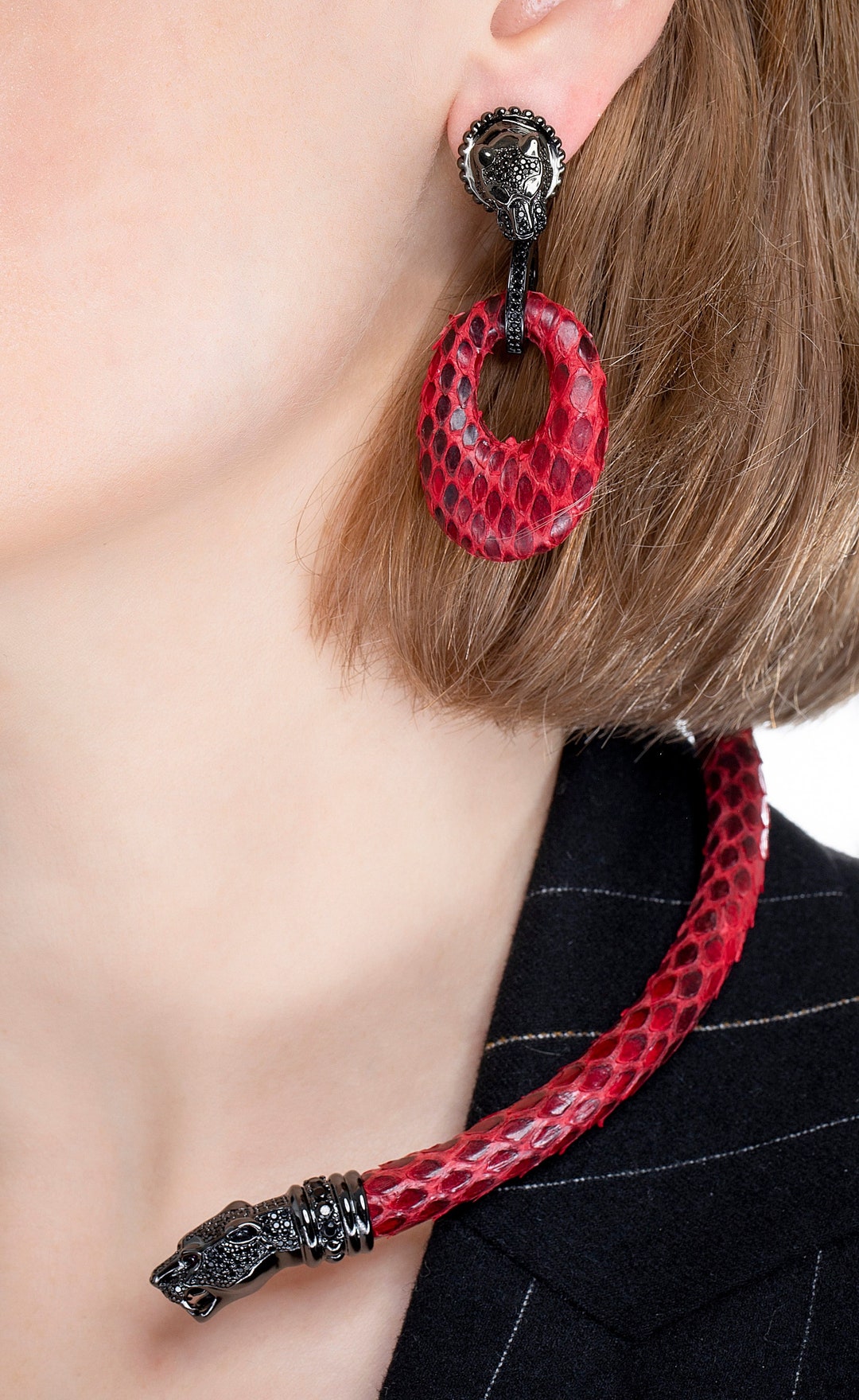 Silver Choker Necklace in Red Exotic Leather Open Collar - Etsy