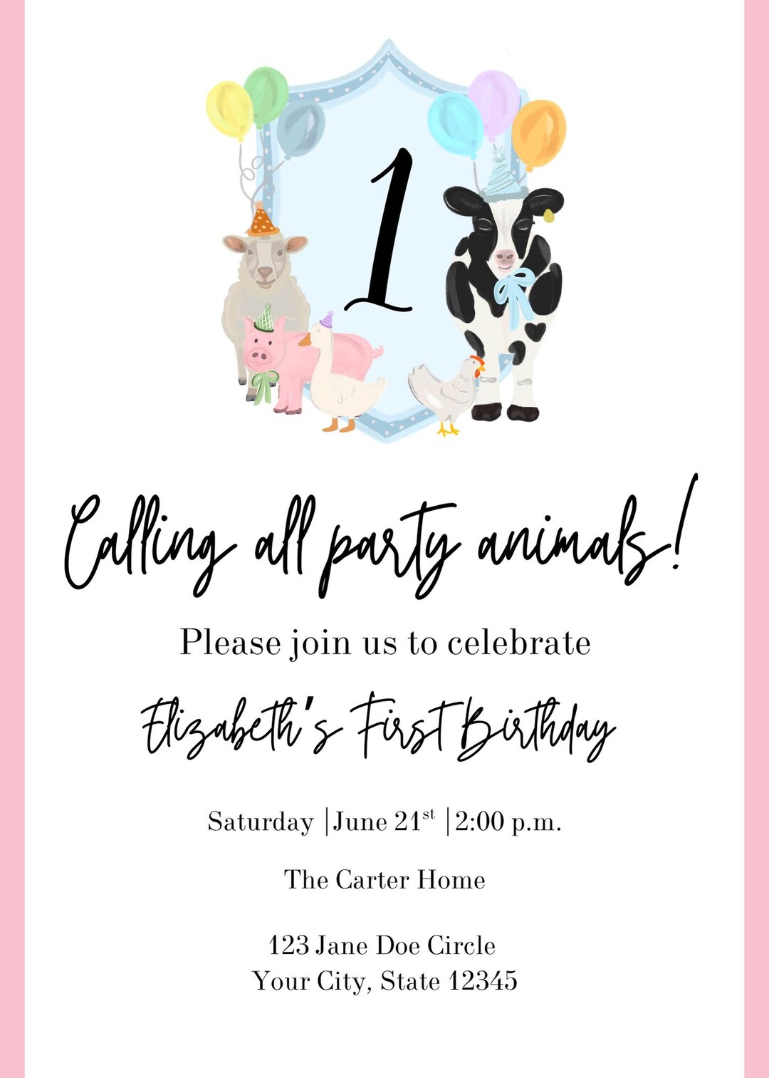 Farm Animal First Birthday Invitation Girl | Editable Barnyard Party ...