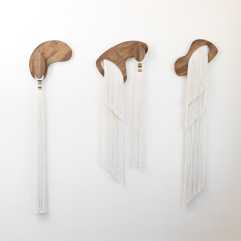 3 Piece Organic Wood Tassel Wall Art: Mid Century Modern Fiber Hanging ...