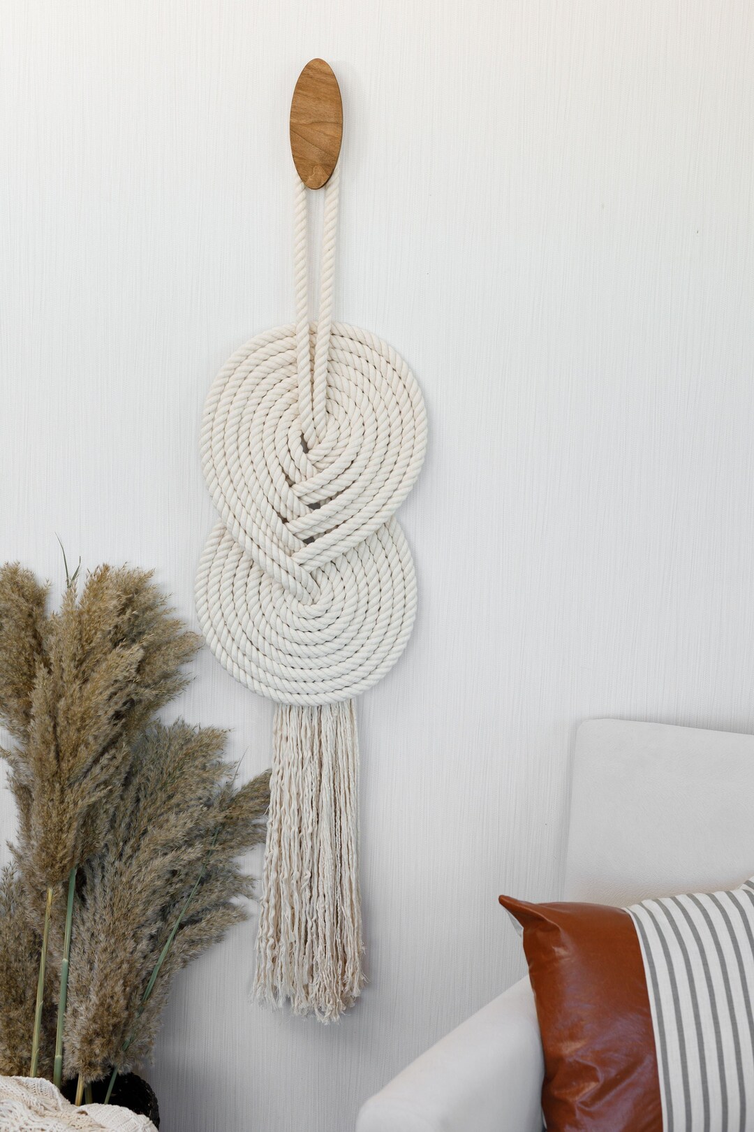 Large Rope Knot Art W/ Walnut Knob Boho Fiber Art Wall Hanging Modern ...