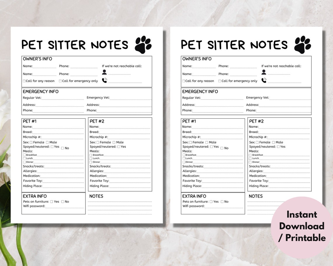 Pet Sitter Notes Printable, Dog Cat Walker, Pet Care Instruction Form ...