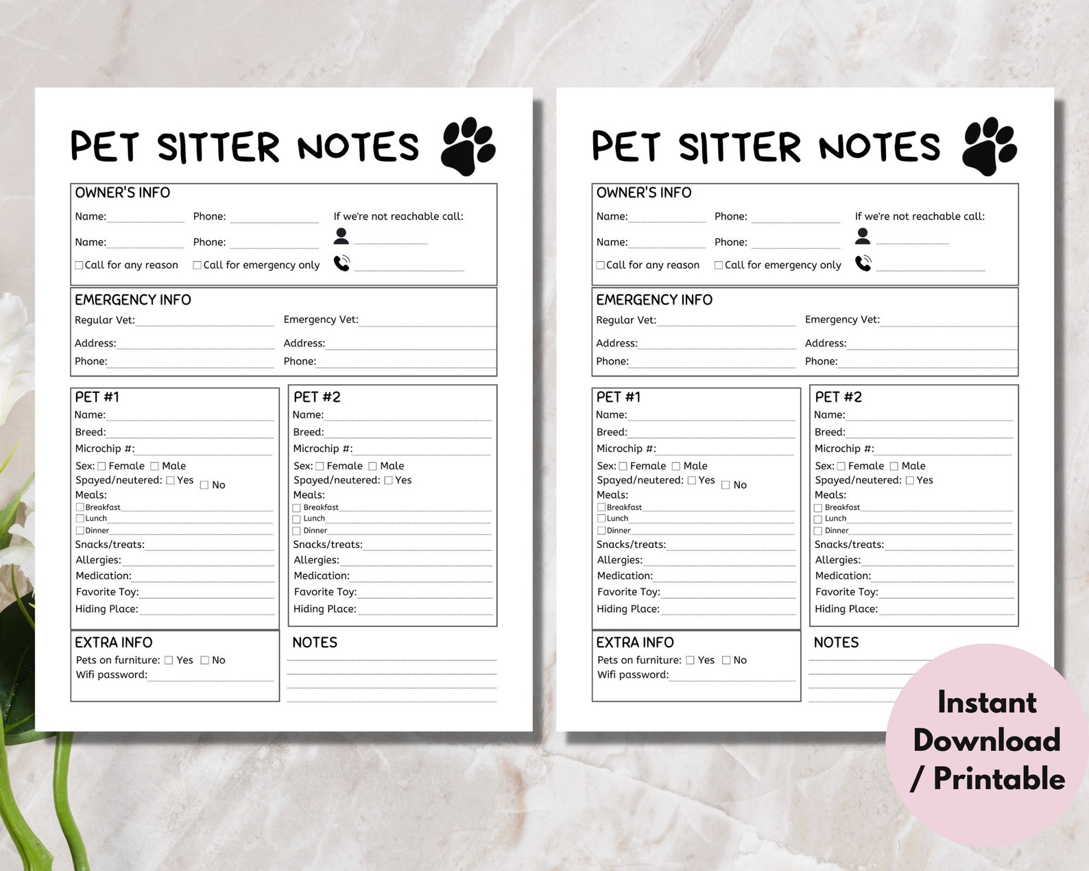 Pet Sitter Notes Printable, Dog Cat Walker, Pet Care Instruction Form ...