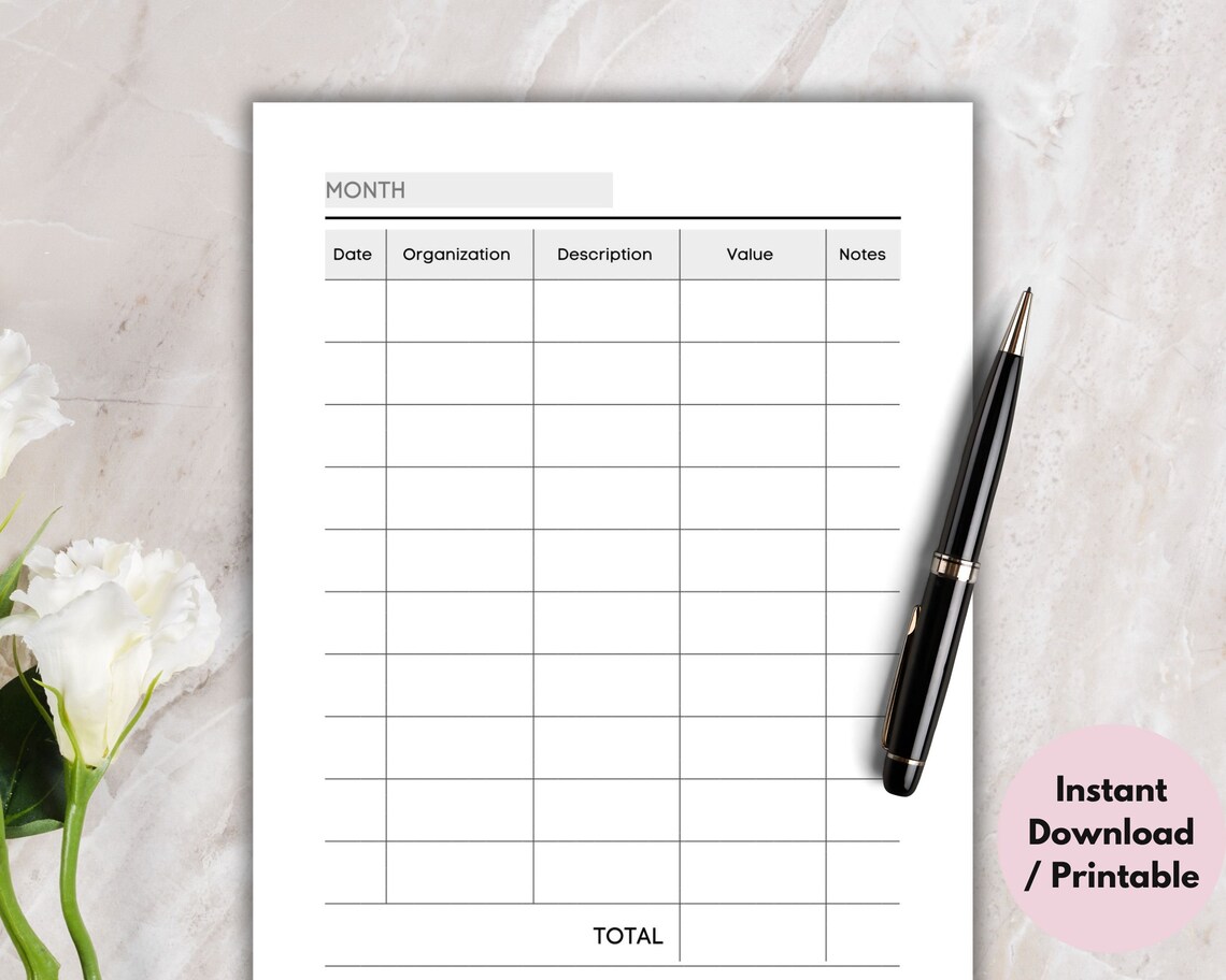 Donation Log Printable, Charitable Sheet, Tithe Form, Business ...