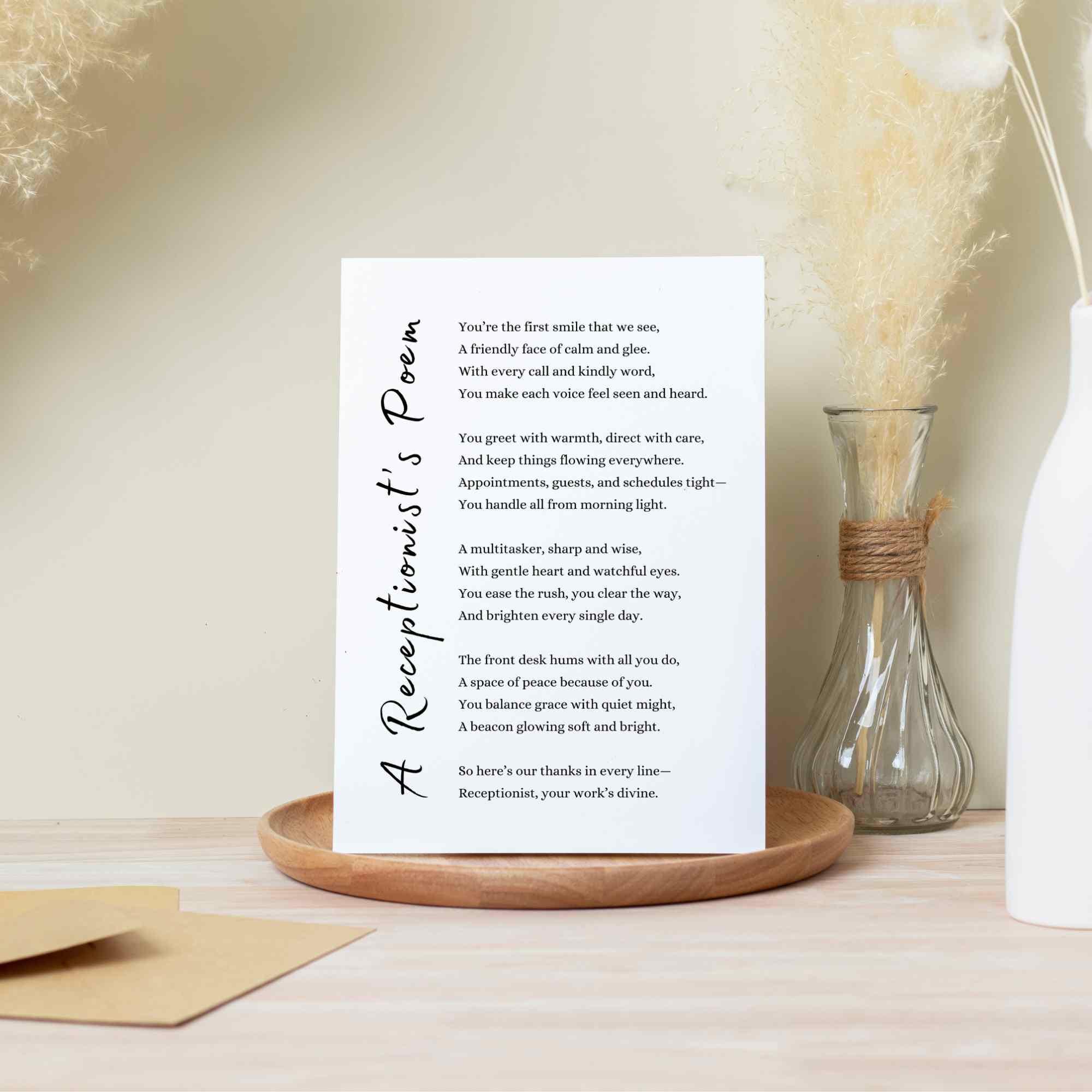 Receptionist Poem Gift Card Printable Wall Art Appreciation Gift for ...