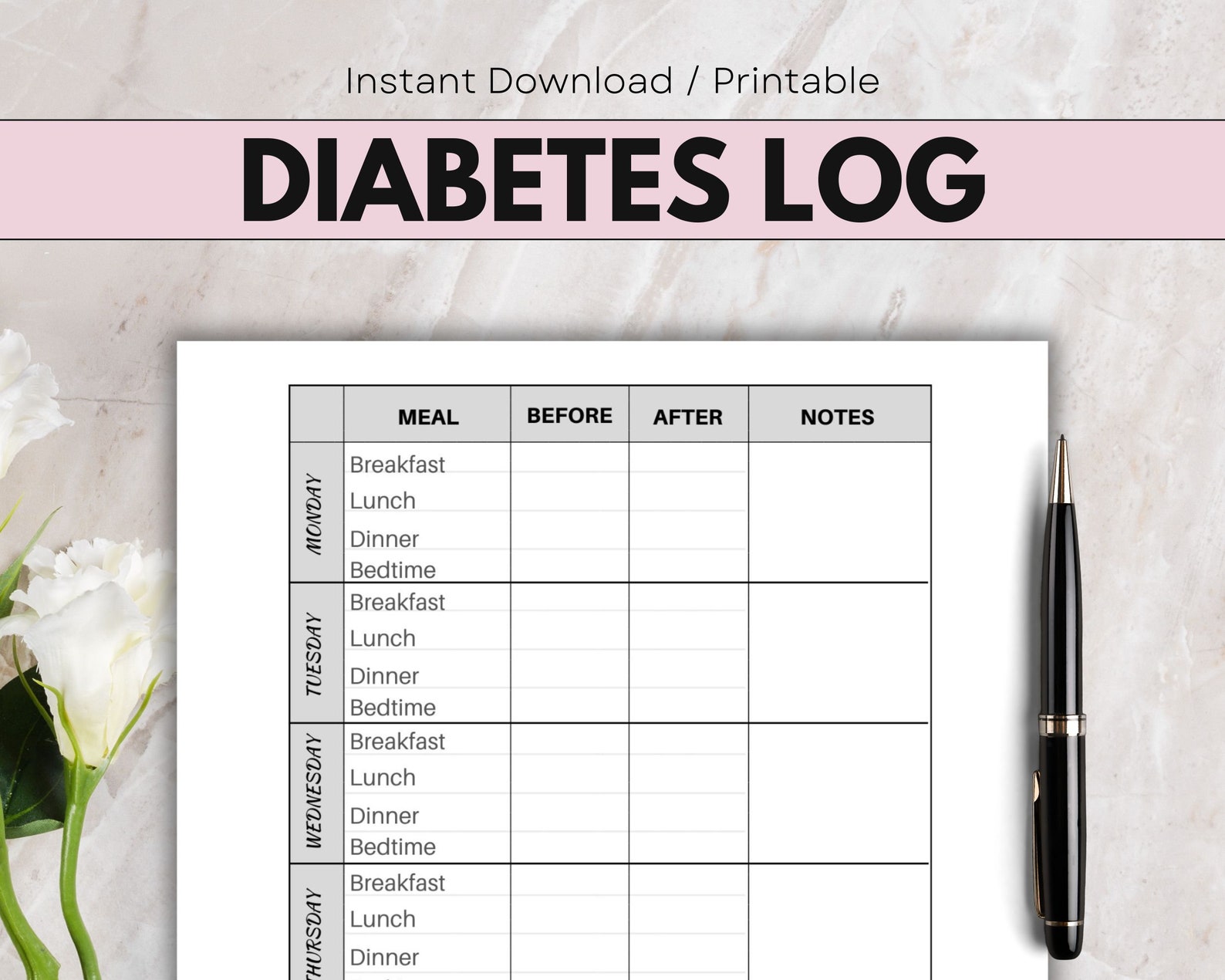 Diabetes Log Printable, Blood Sugar Log, Food Management, Blood Glucose ...