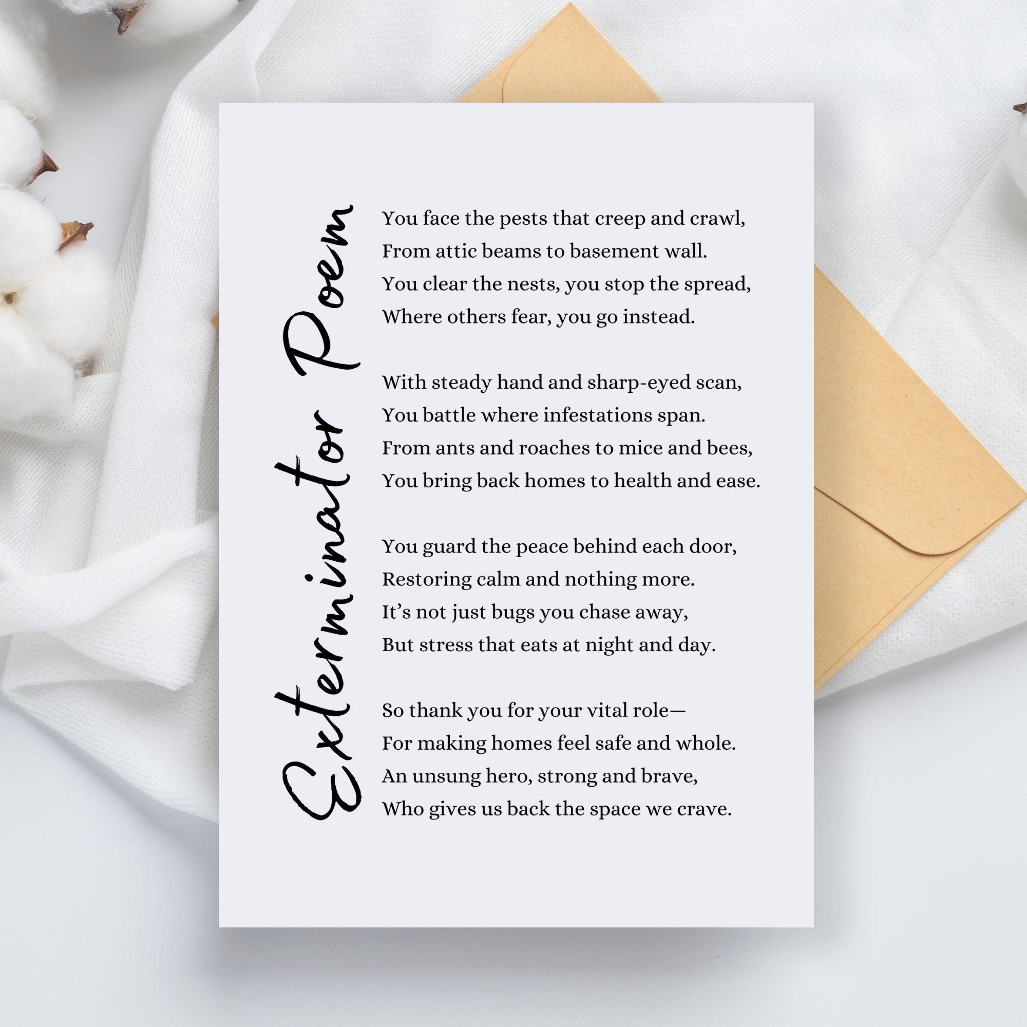 Exterminator Poem Gift Card Printable Wall Art Appreciation Gift for ...