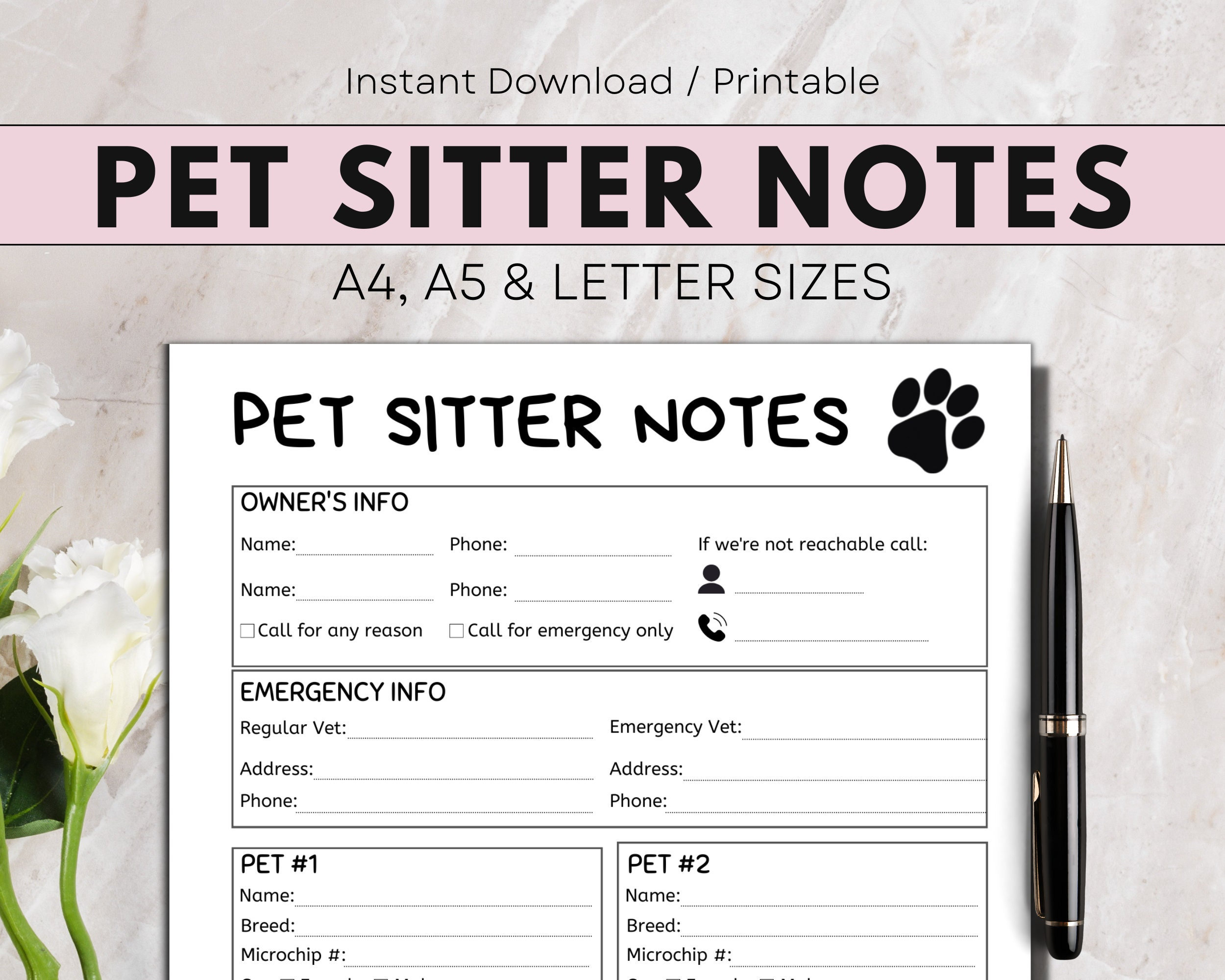 Pet Sitter Notes Printable, Dog Cat Walker, Pet Care Instruction Form ...