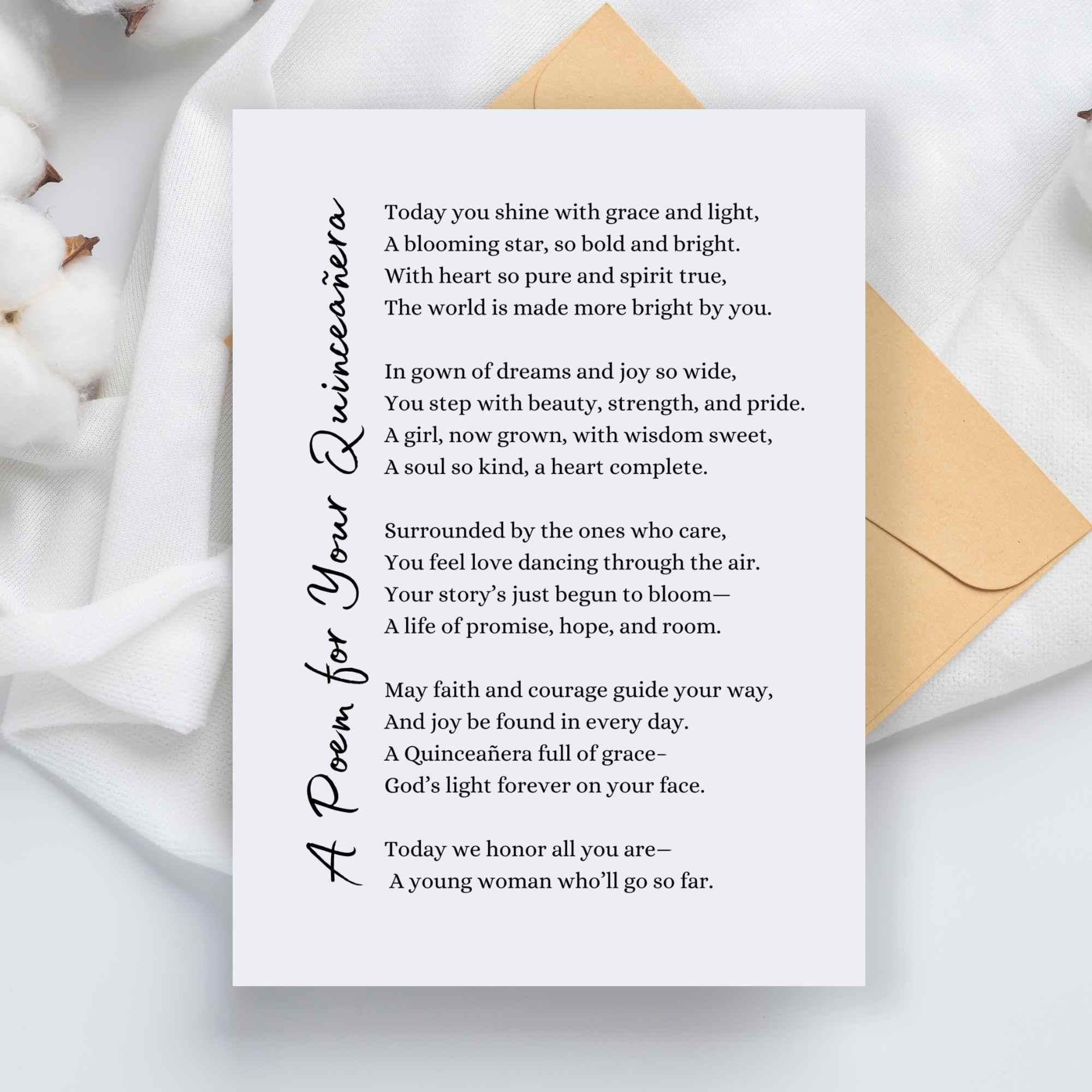 Quinceañera Poem Gift Card Printable Wall Art Sweet 15 Keepsake for ...