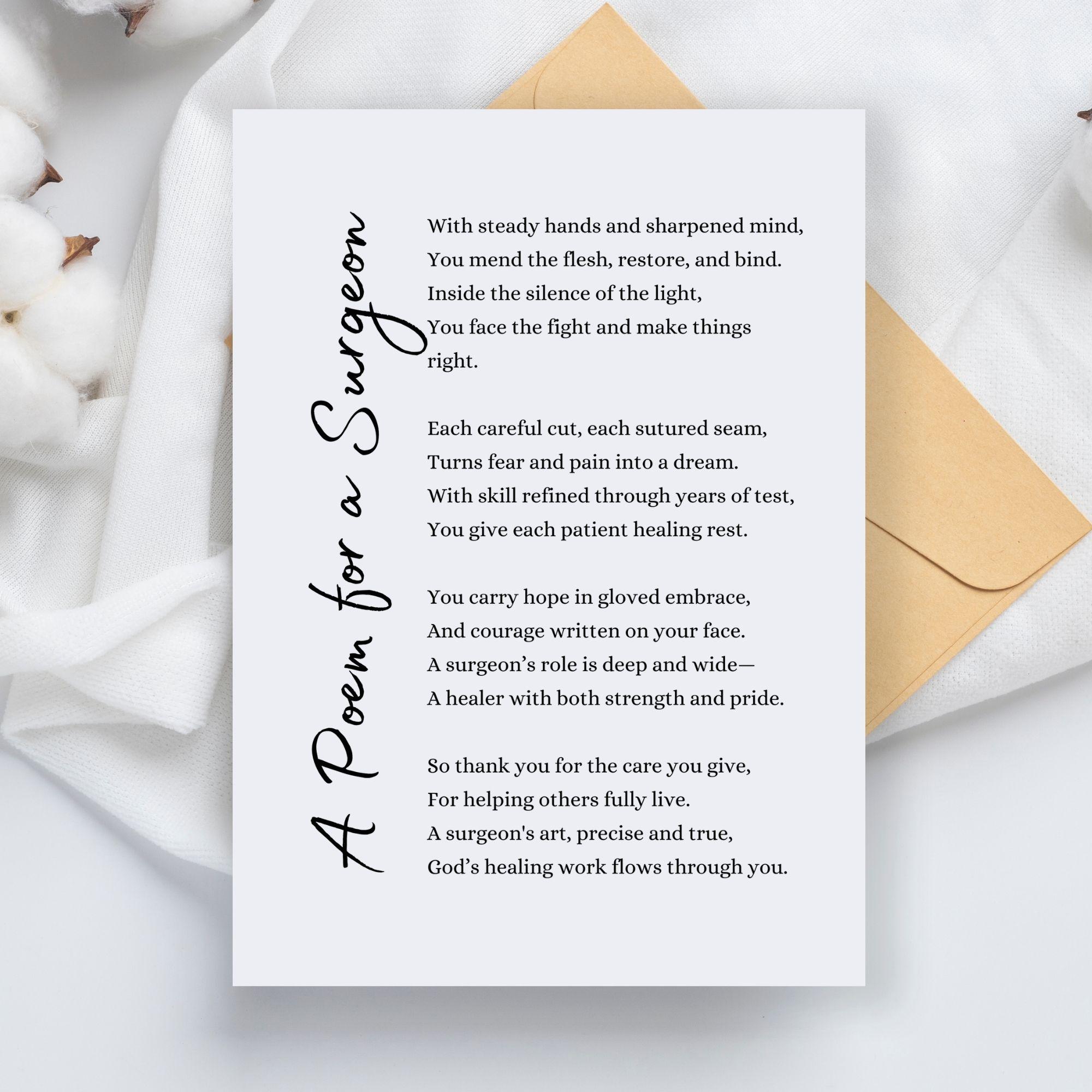 Surgeon Poem Gift Card Printable Wall Art Appreciation Gift Surgical ...