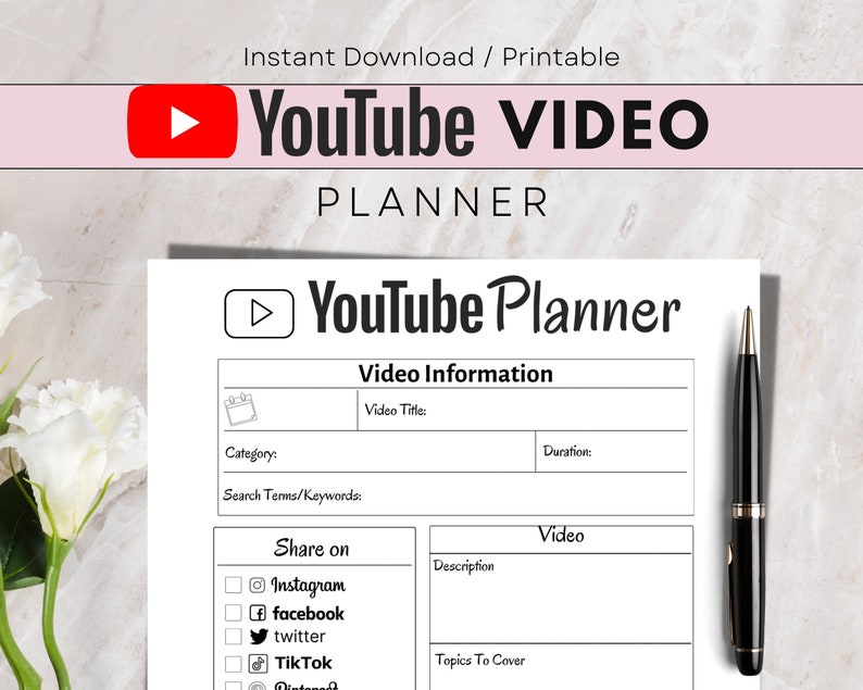 Youtube Video Planner Printable, Youtuber Checklist, Content Creator ...