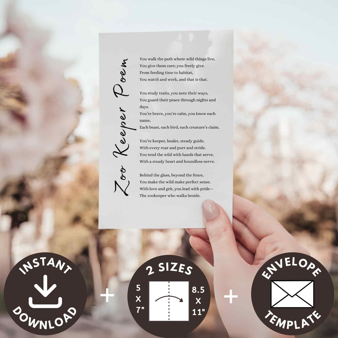 Zoo Keeper Poem Gift Printable Card Appreciation Greeting Wildlife ...
