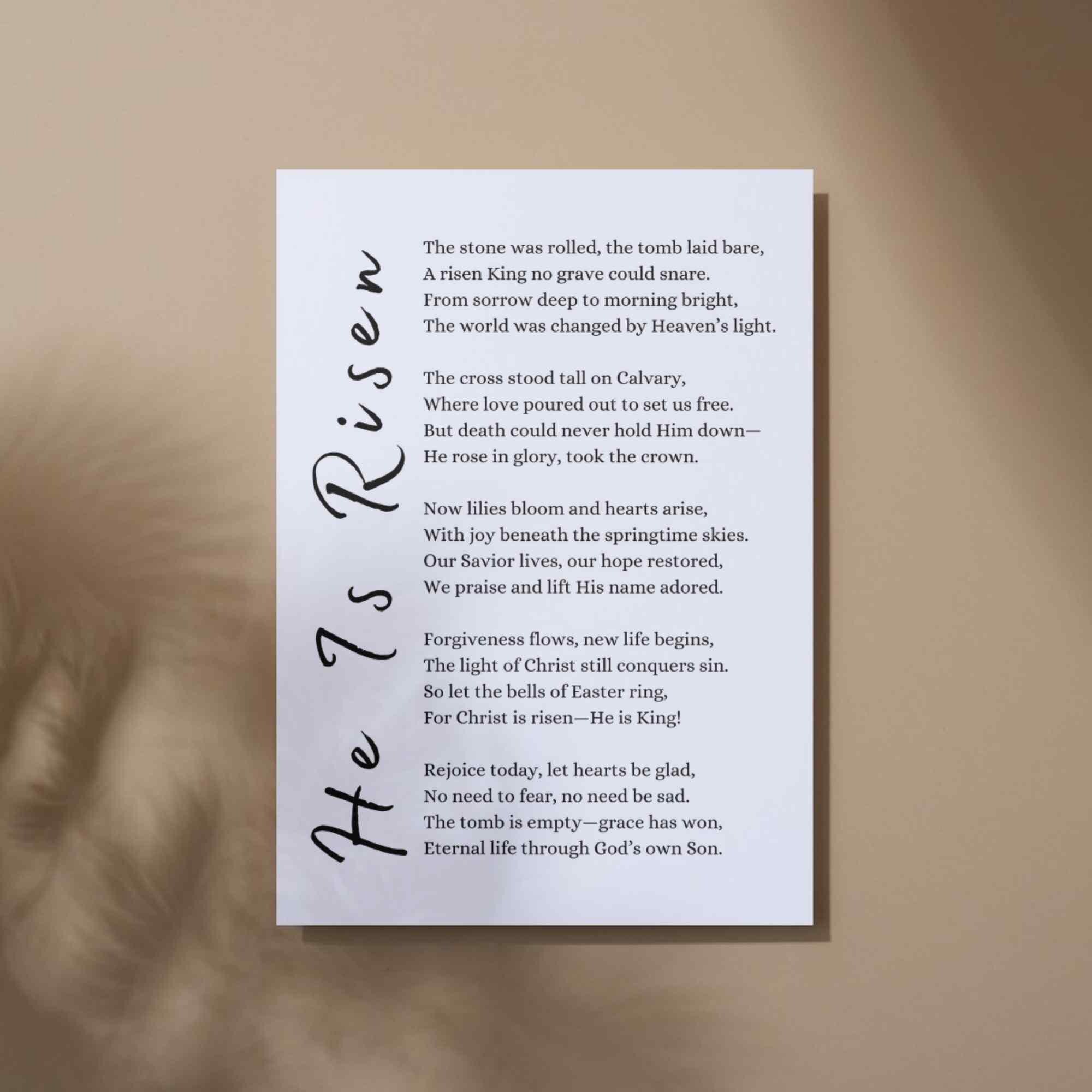 Easter Poem Printable, Christian Easter Wall Art, He is Risen Poem ...