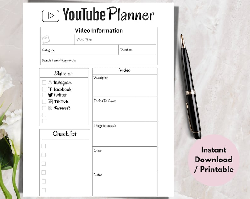 Youtube Video Planner Printable, Youtuber Checklist, Content Creator ...