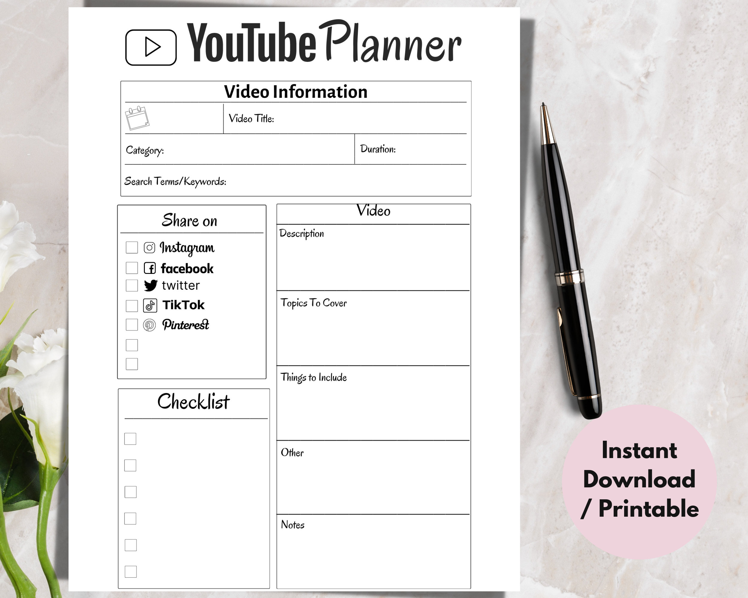 Youtube Video Planner Printable, Youtuber Checklist, Content Creator ...