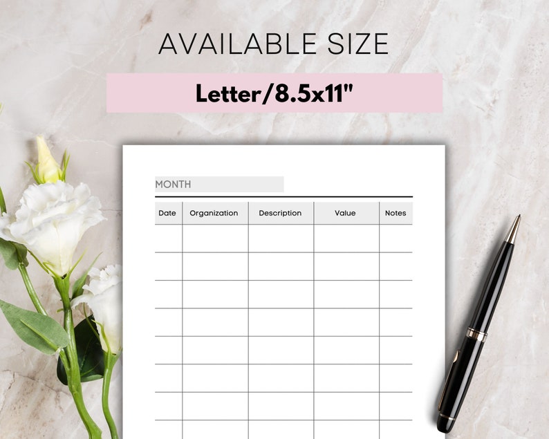 Donation Log Printable, Charitable Sheet, Tithe Form, Business ...