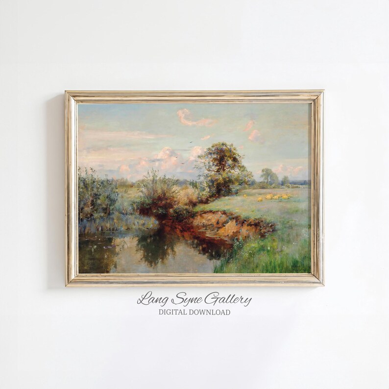 Pastoral Stream Landscape Art - Cottagecore Vintage Style, Reflective ...
