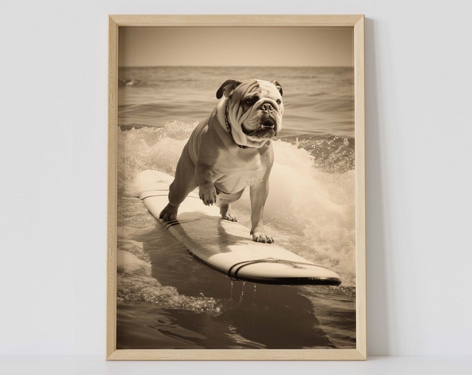 Bulldog Surfing | Photographic Style | Coastal Decor | Beach Wall Art ...