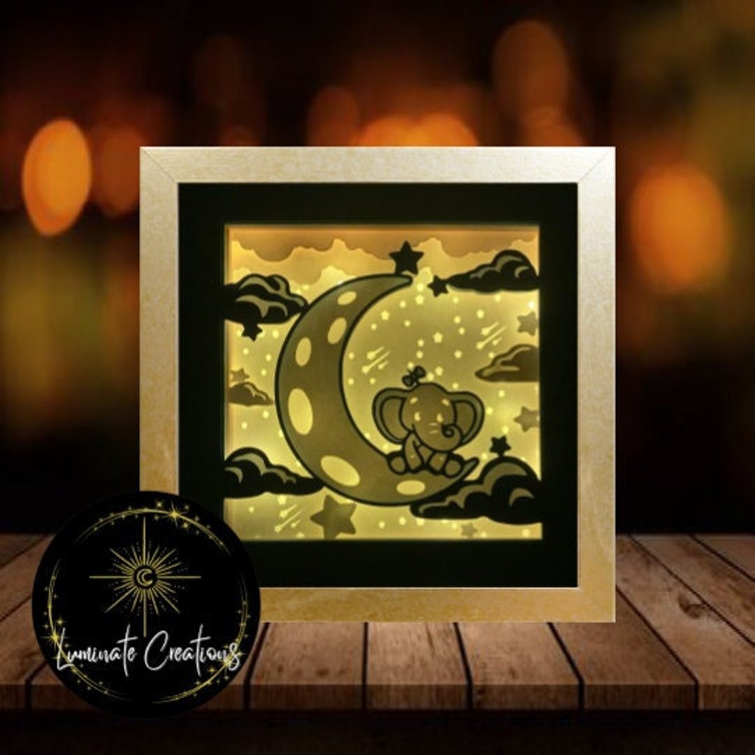Baby Elephant Moon Light Box, Shadow Box Template - SVG Instant ...