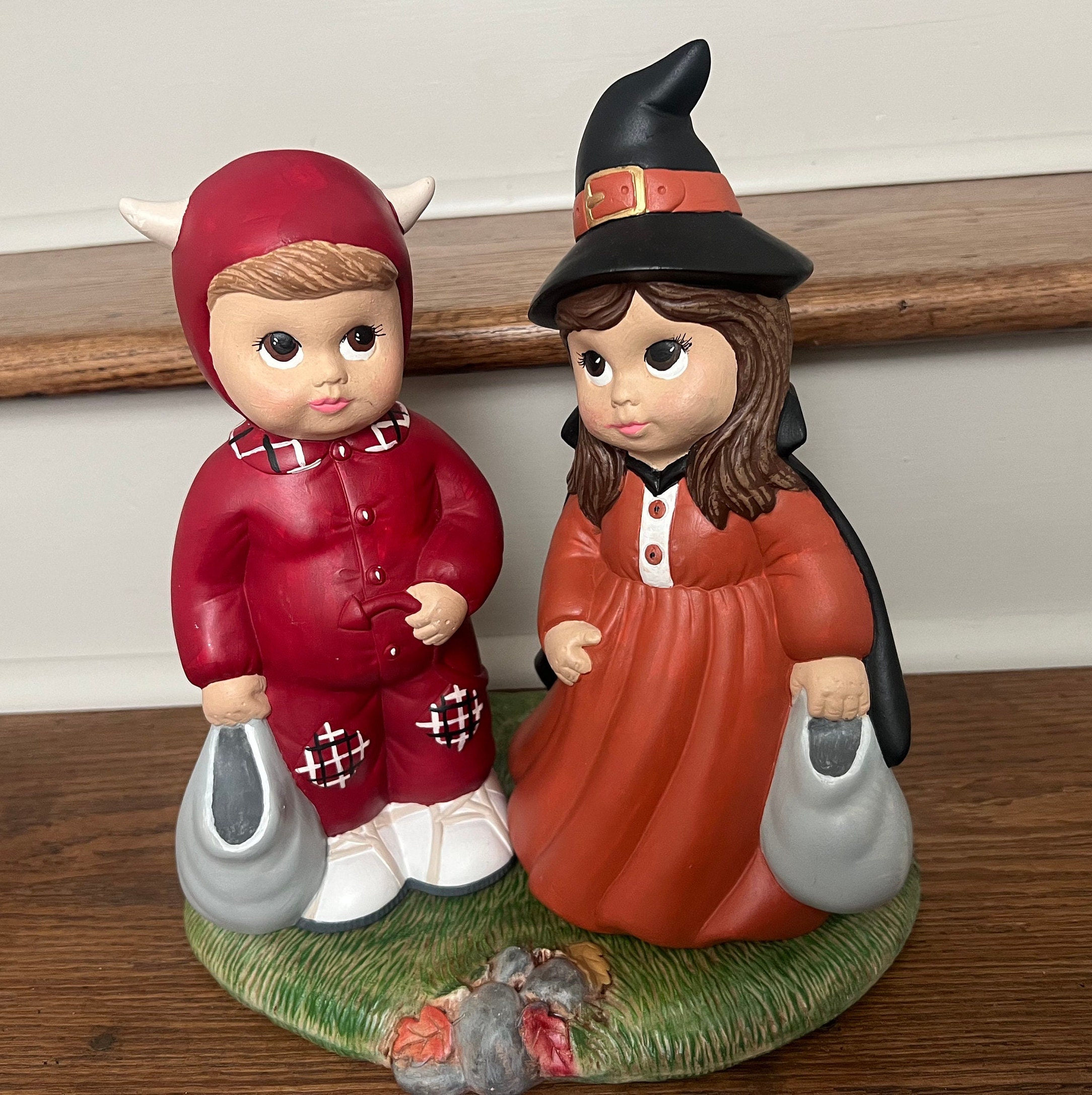 Vintage Ceramic Devil Boy and Witch Girl Trick or Treaters on Base Hand ...
