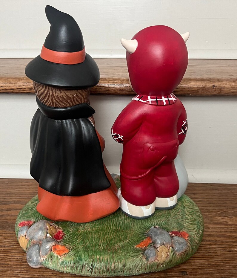 Vintage Ceramic Devil Boy and Witch Girl Trick or Treaters on Base Hand ...