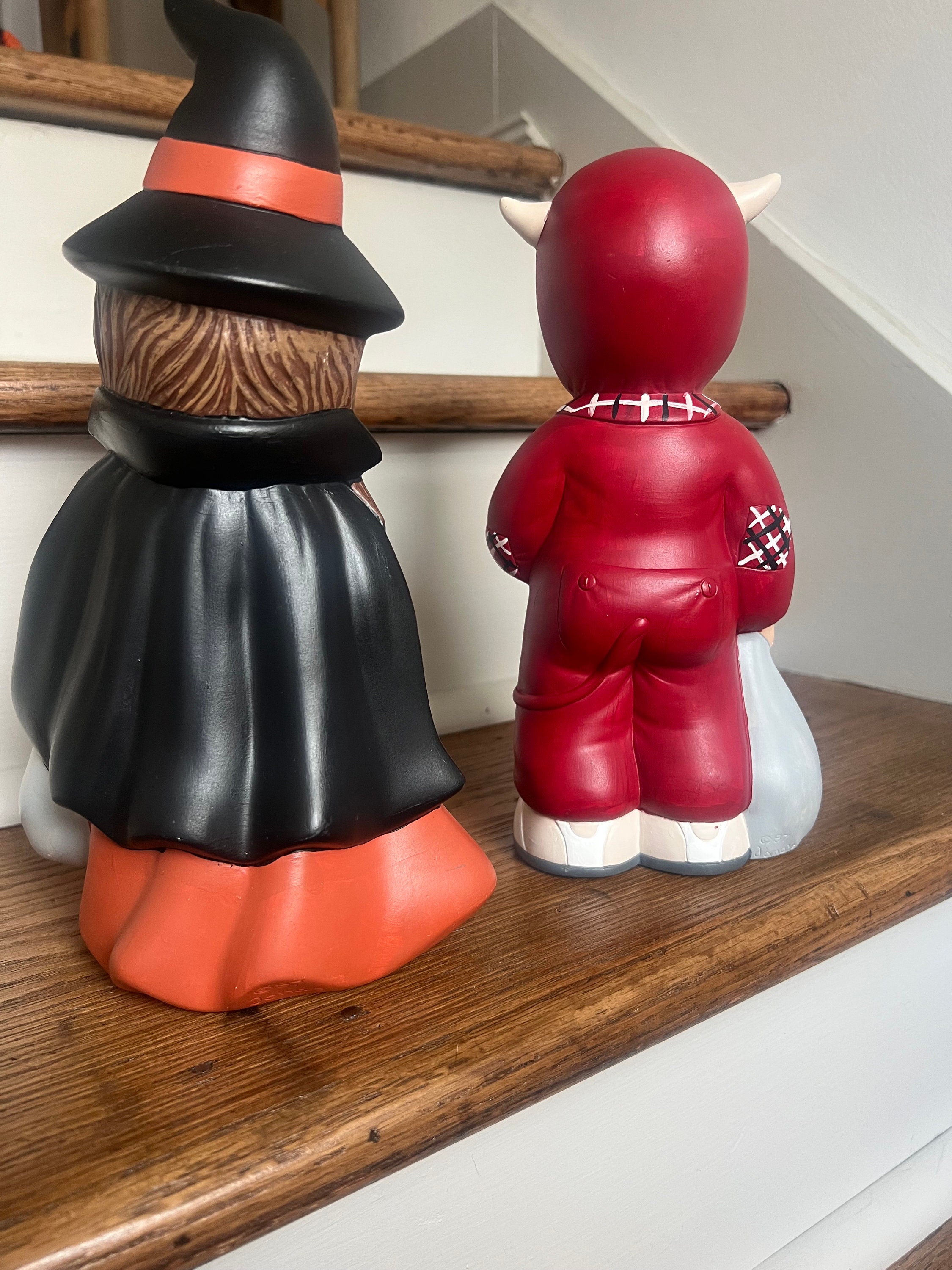 Vintage Ceramic Devil Boy and Witch Girl Trick or Treaters on Base Hand ...