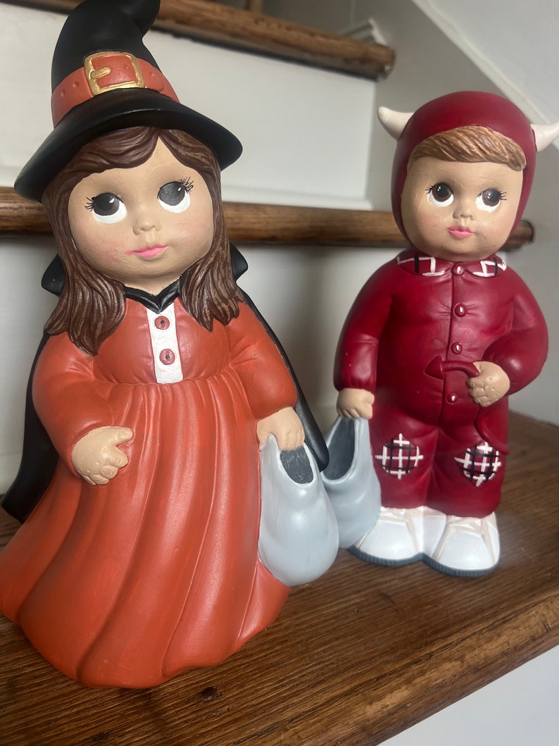 Vintage Ceramic Devil Boy and Witch Girl Trick or Treaters on Base Hand ...