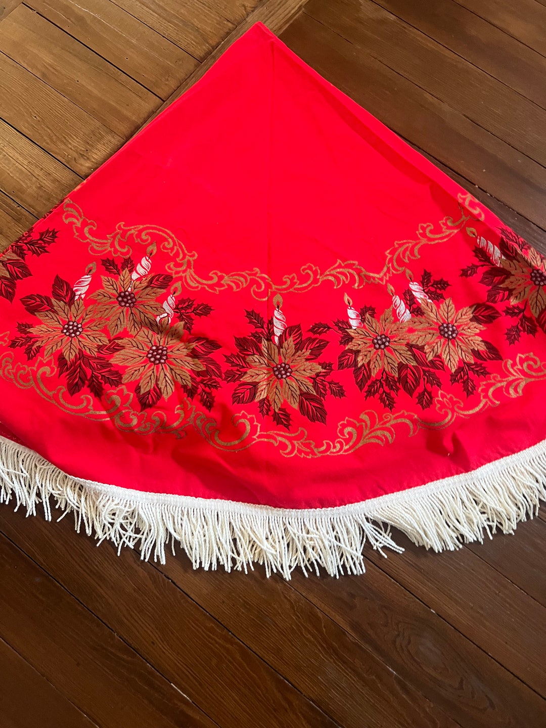 Vintage 64” Round Tablecloth Pretty Poinsettia Flower Candle Mid ...