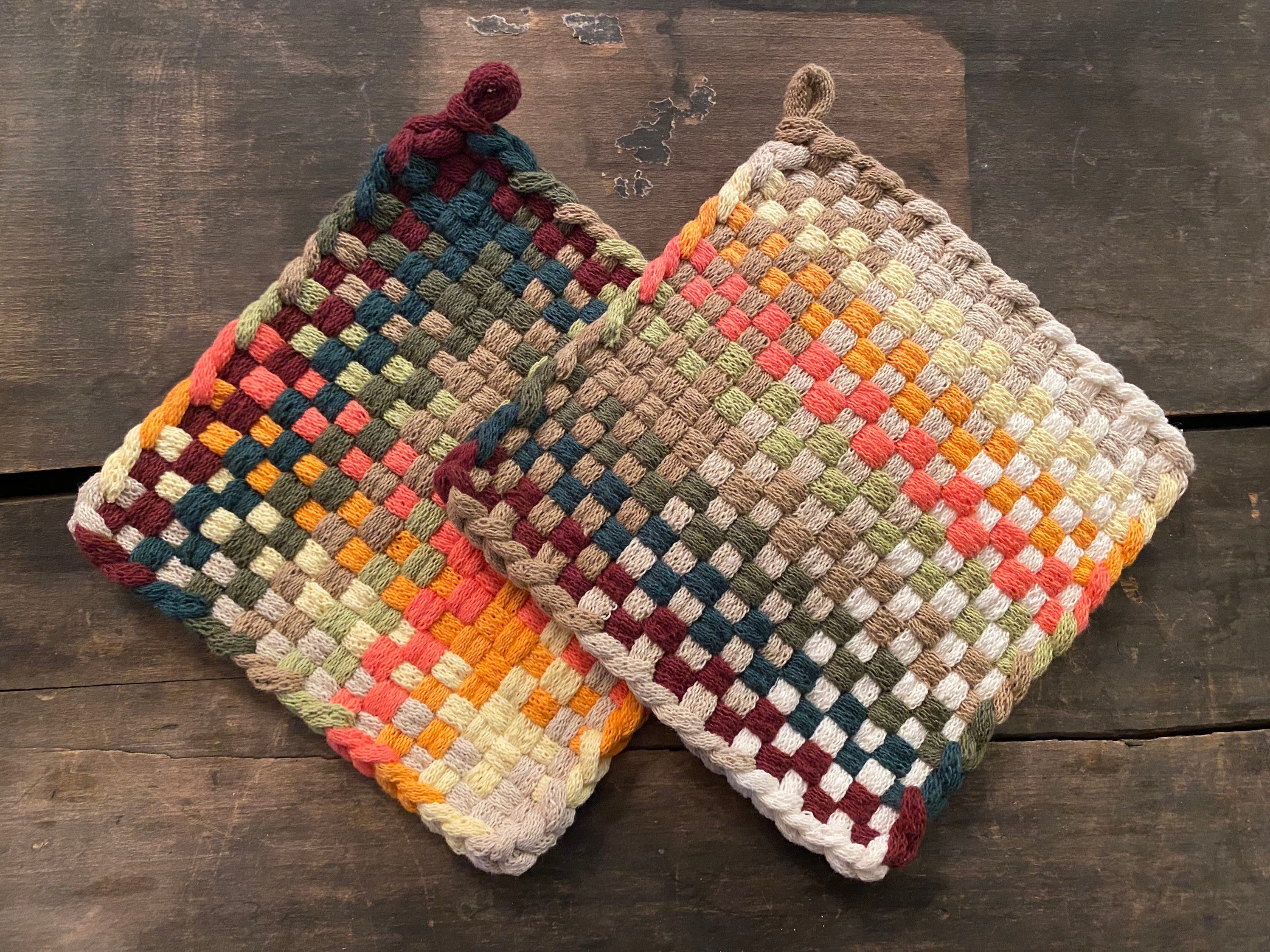 Pair of Hand Woven Potholders Nature / Sunset Colors Cotton - Etsy