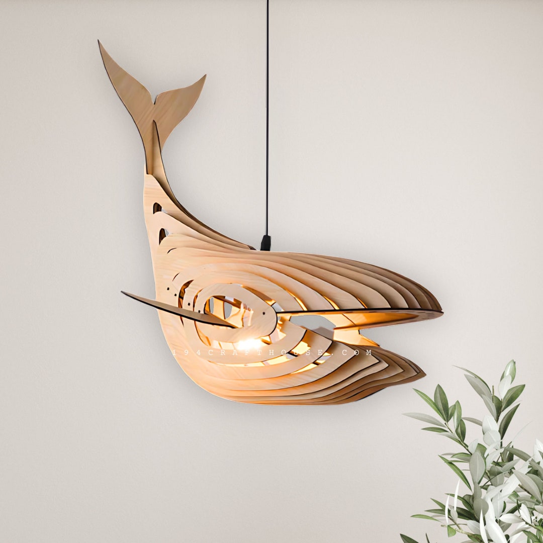 Whale Pendant Light for Kitchen Island, Wooden Whale Lamp Shade Ceiling ...