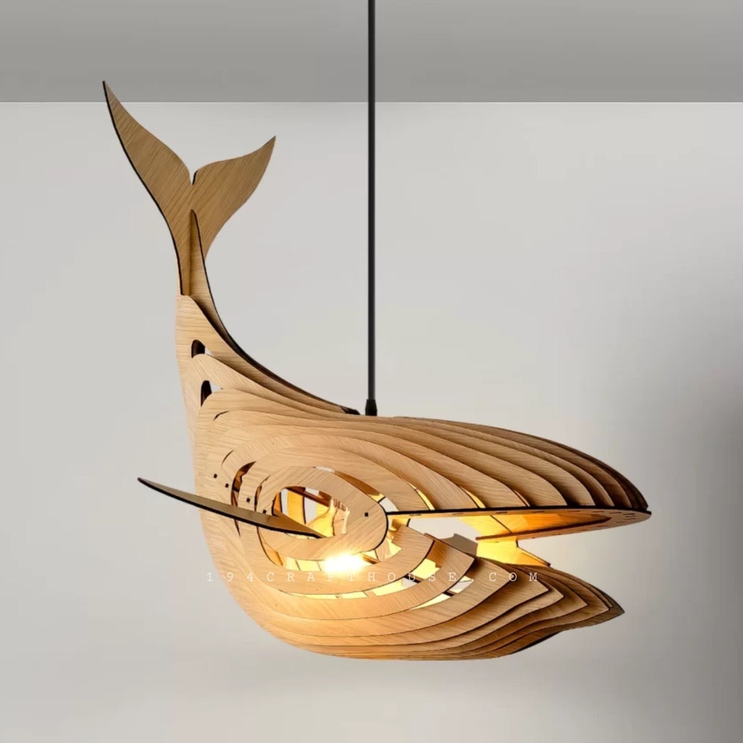 Whale Pendant Light for Kitchen Island, Wooden Whale Lamp Shade Ceiling ...