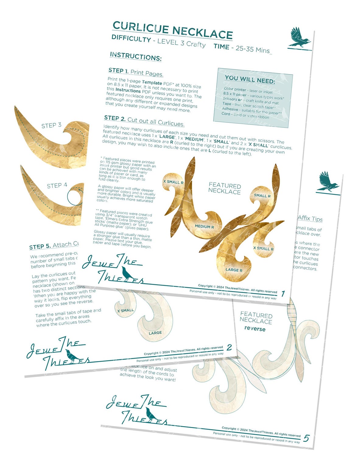 DIY Curlicue Paper Necklace in Old Gold | PRINTABLE Designer Statement ...