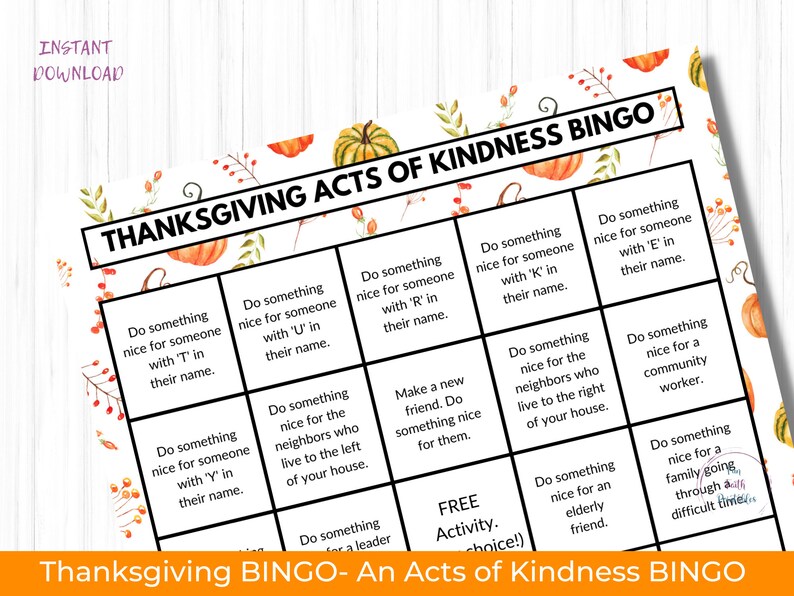 Thanksgiving Kindness Bingo Game, Family Activities (printable PDF) - Etsy