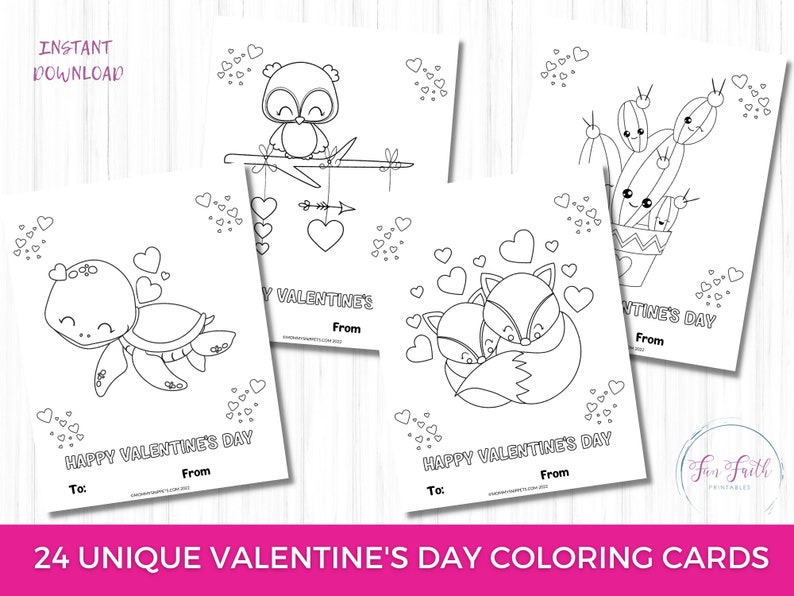 24 Printable Valentine's Day Coloring Cards for Kids, Animal Valentines ...