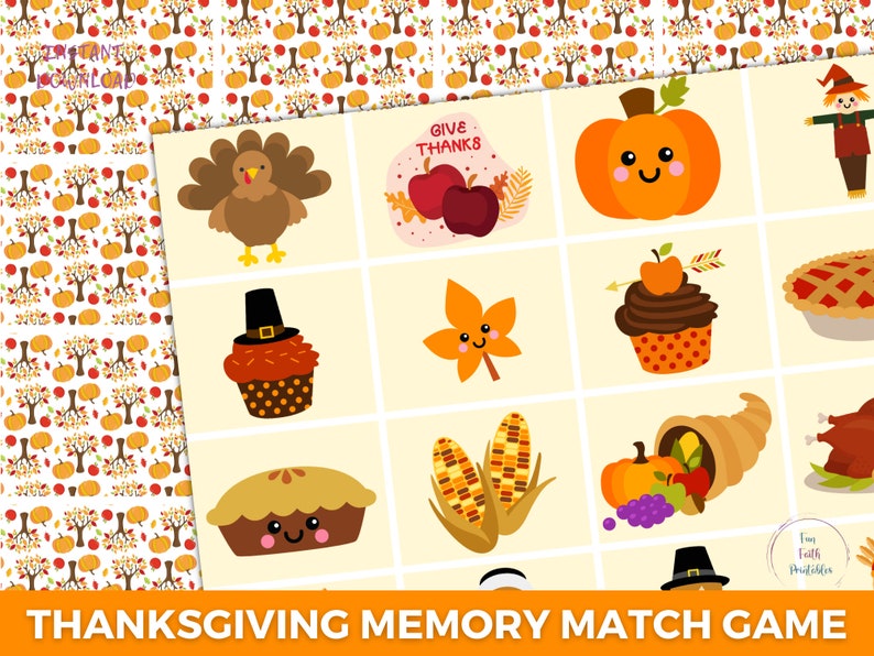 Thanksgiving Memory Match Game – Kids Holiday Printable (digital ...