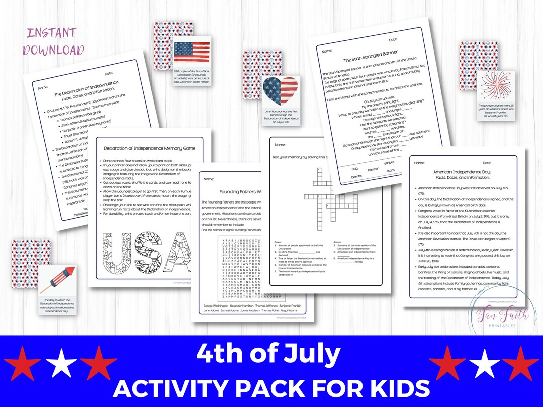 4th of July Activity Sheets, Fourth of July Printable, 4th of July ...