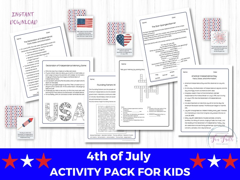 4th of July Activity Sheets, Fourth of July Printable, 4th of July ...