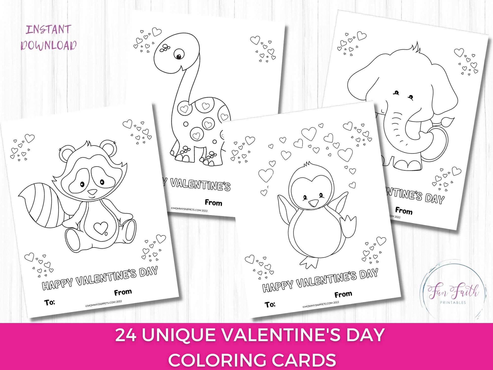 24 Printable Valentine's Day Coloring Cards for Kids, Animal Valentines ...