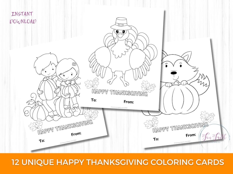 12 Printable Thanksgiving Coloring Cards for Kids, Happy Thanksgiving ...