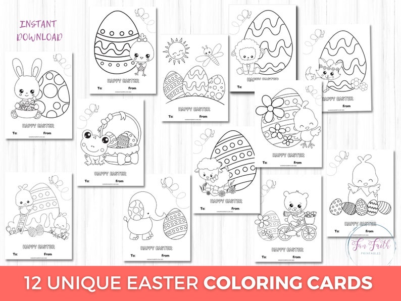 12 Color Your Own Easter Cards, Printable Easter Coloring Cards for ...