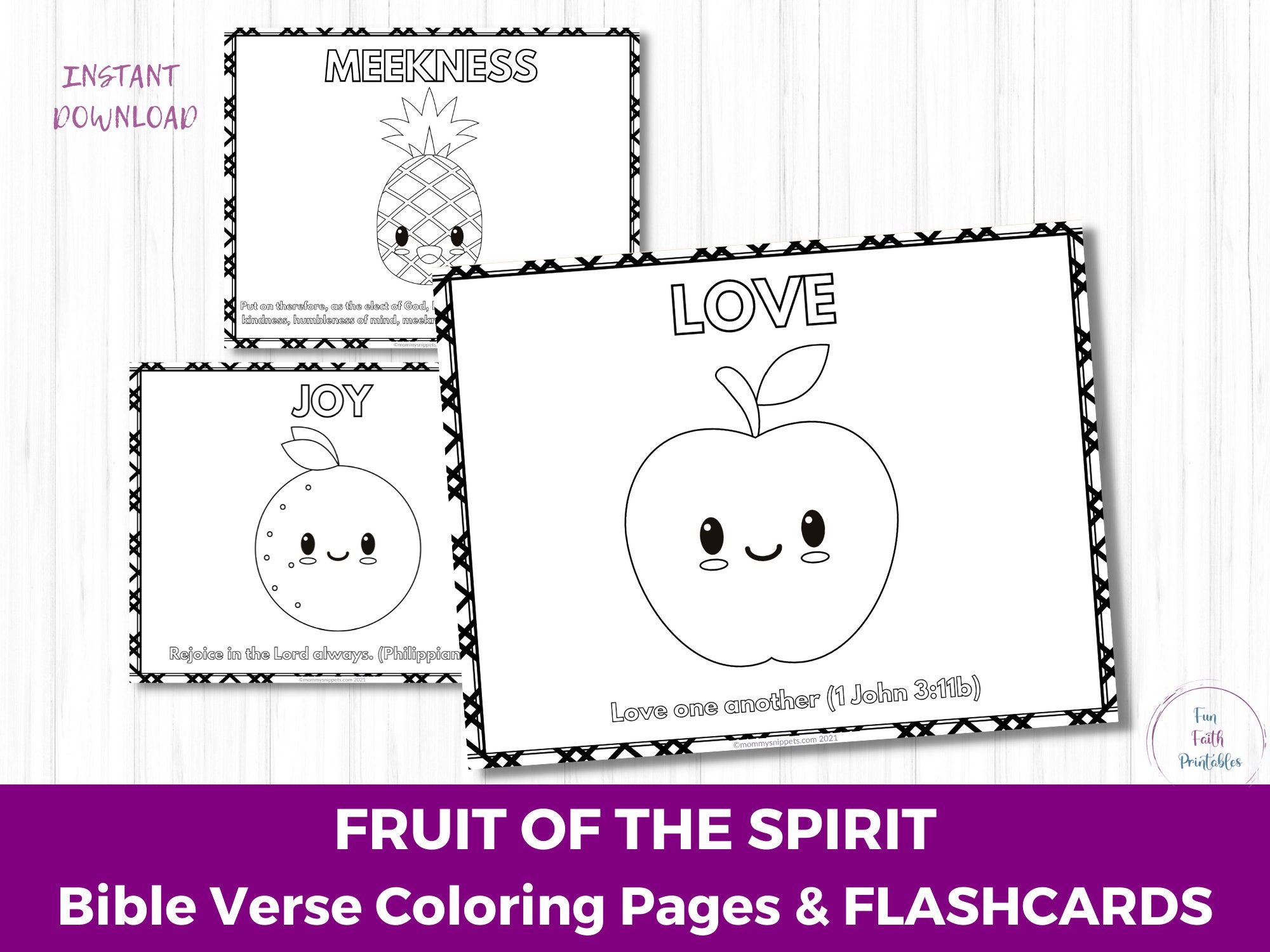 Fruit of the Spirit Coloring Pages & Flashcards, Bible Verse (digital ...