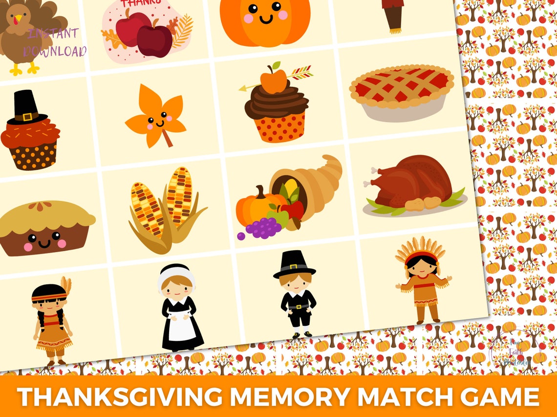 Thanksgiving Memory Match Game – Kids Holiday Printable (digital ...
