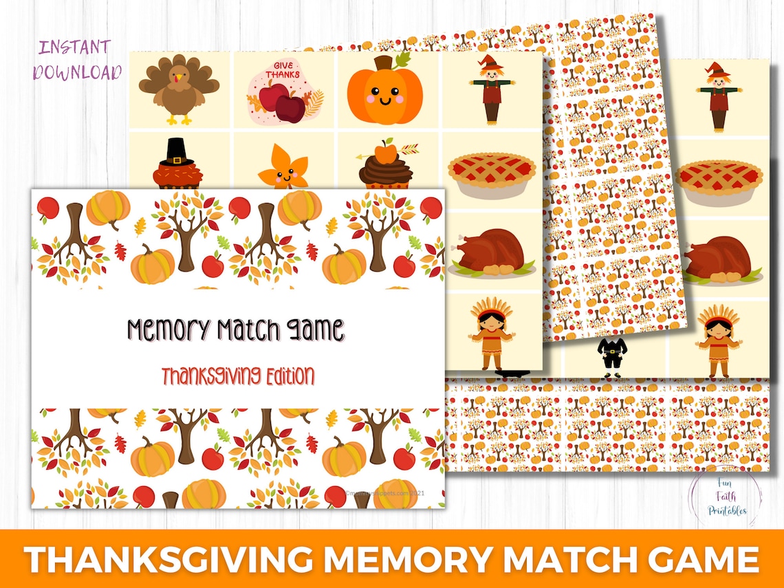 Thanksgiving Memory Match Game – Kids Holiday Printable (digital ...