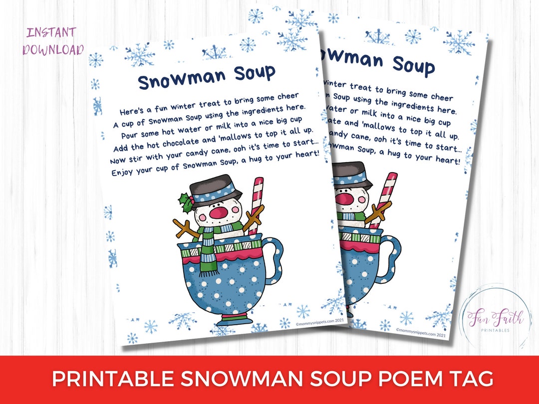 Snowman Soup Poem Tags, Christmas Hot Chocolate Treat (digital Download ...