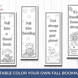 Printable Fall Coloring Bookmarks | Cute Bookmark | Bookmark Set | 4 ...