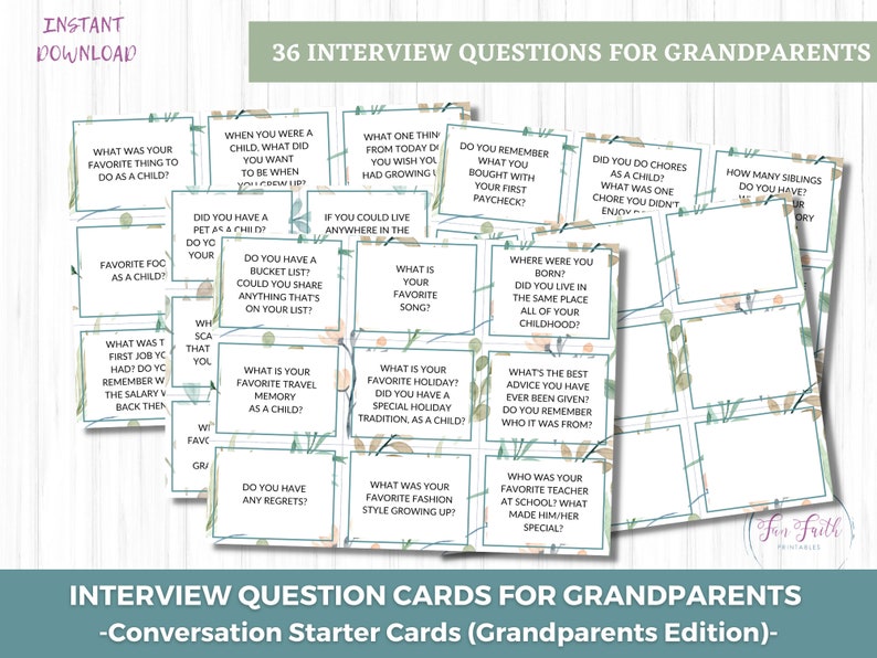 Conversation Cards for Grandparents, Interview Question Cards for ...