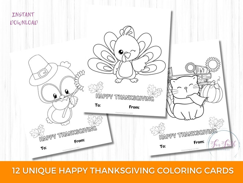 12 Printable Thanksgiving Coloring Cards for Kids, Happy Thanksgiving ...