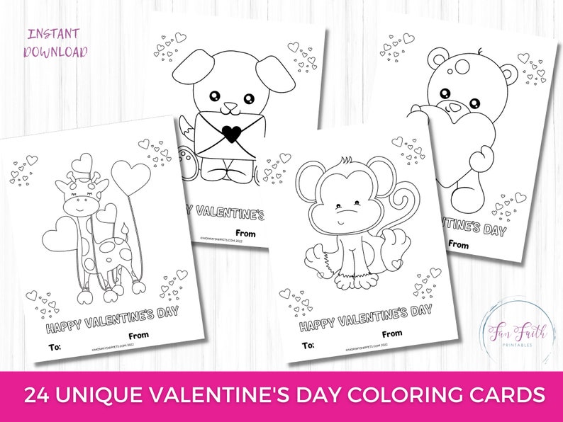 24 Printable Valentine's Day Coloring Cards for Kids, Animal Valentines ...