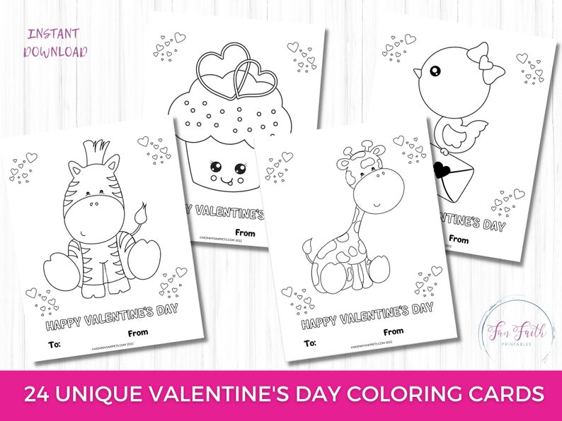 24 Printable Valentine's Day Coloring Cards for Kids, Animal Valentines ...