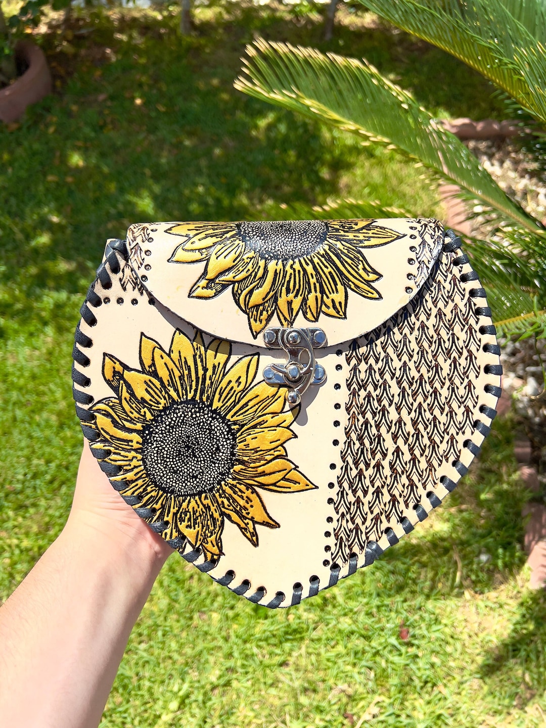 Mexican Sunflower Leather Bag, Girasol Leather Purse, Tooled Leather ...