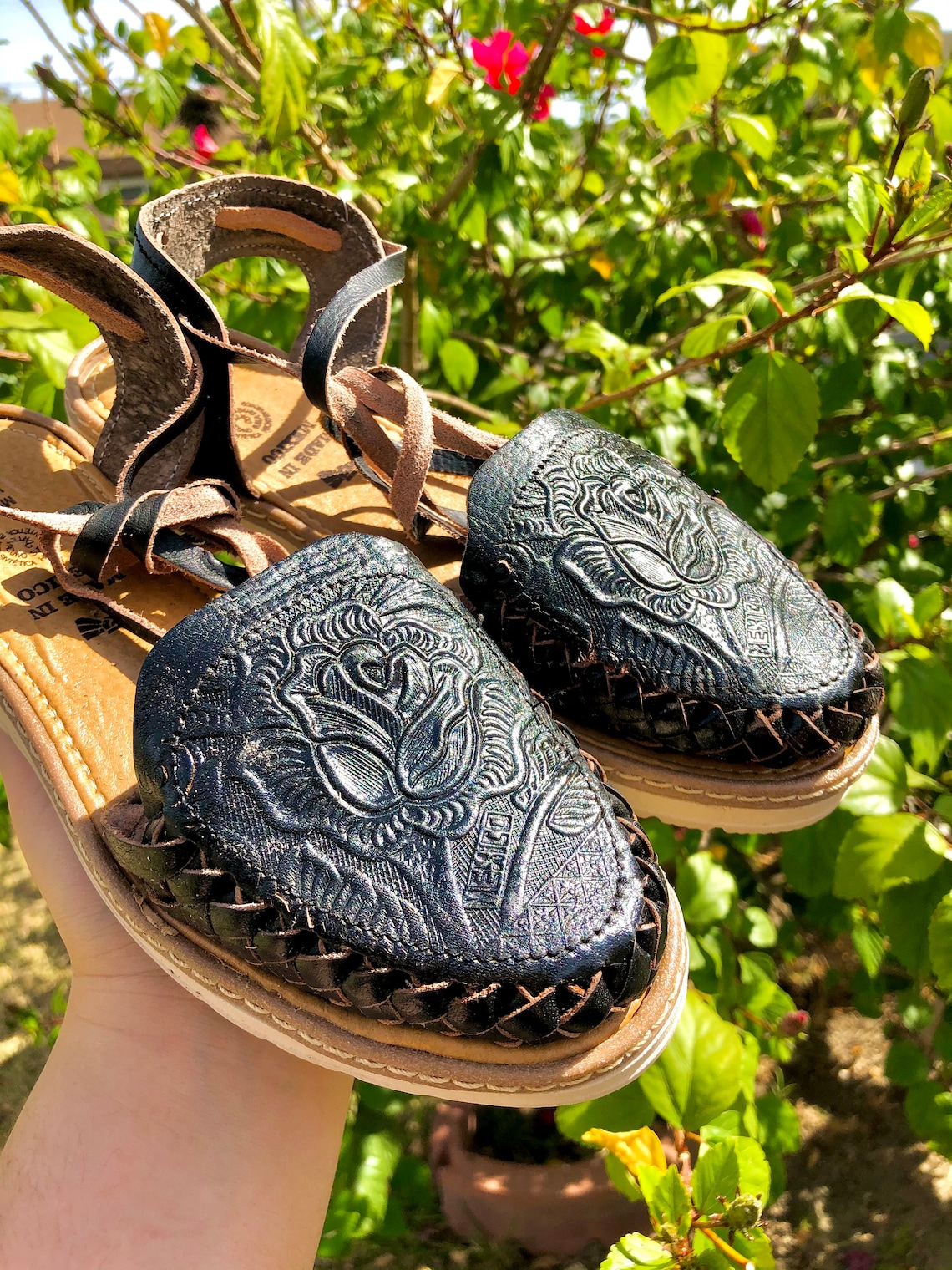 Rose Huaraches Mexicanos, Black Huarache Sandals Women, Black Mexican ...